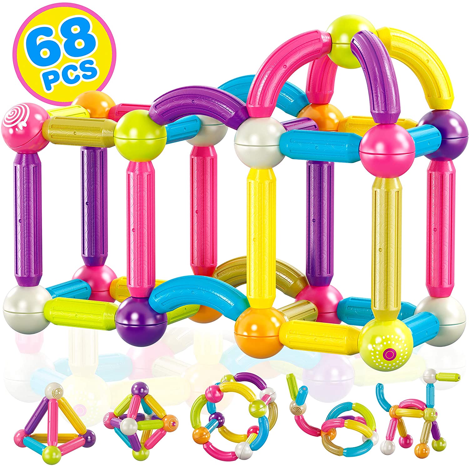Contixo Magnet Stix 68 Piece Set STEM, 3D Magnetic Building Sticks ...