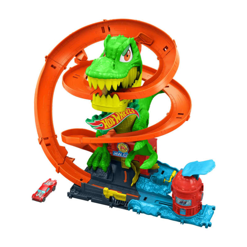 Hot Wheels City T-Rex Blaze Battle Building Playset with 1:64 Scale Di ...
